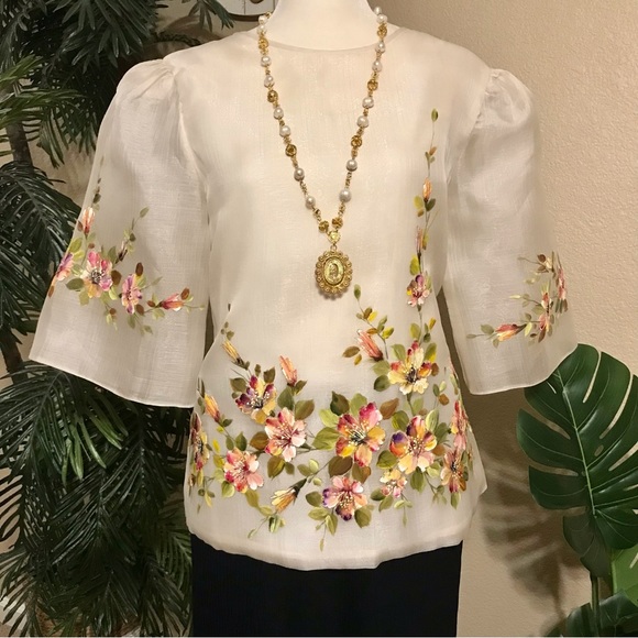 Tops | Ladies Pinya Silk Kimona Blouse With Beautiful Hand Painting ...